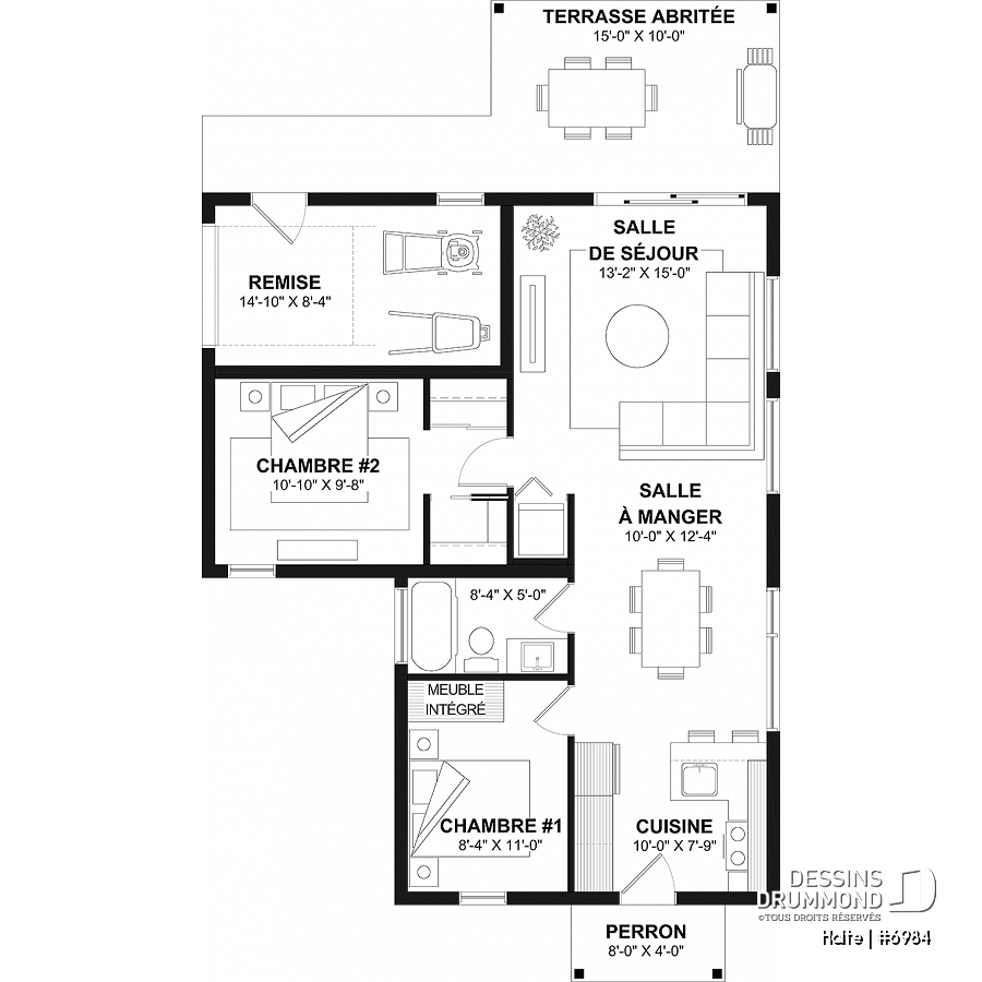 Plan maison 2 chambres, 1 s.bain, garage, 6984 | Dessins Drummond